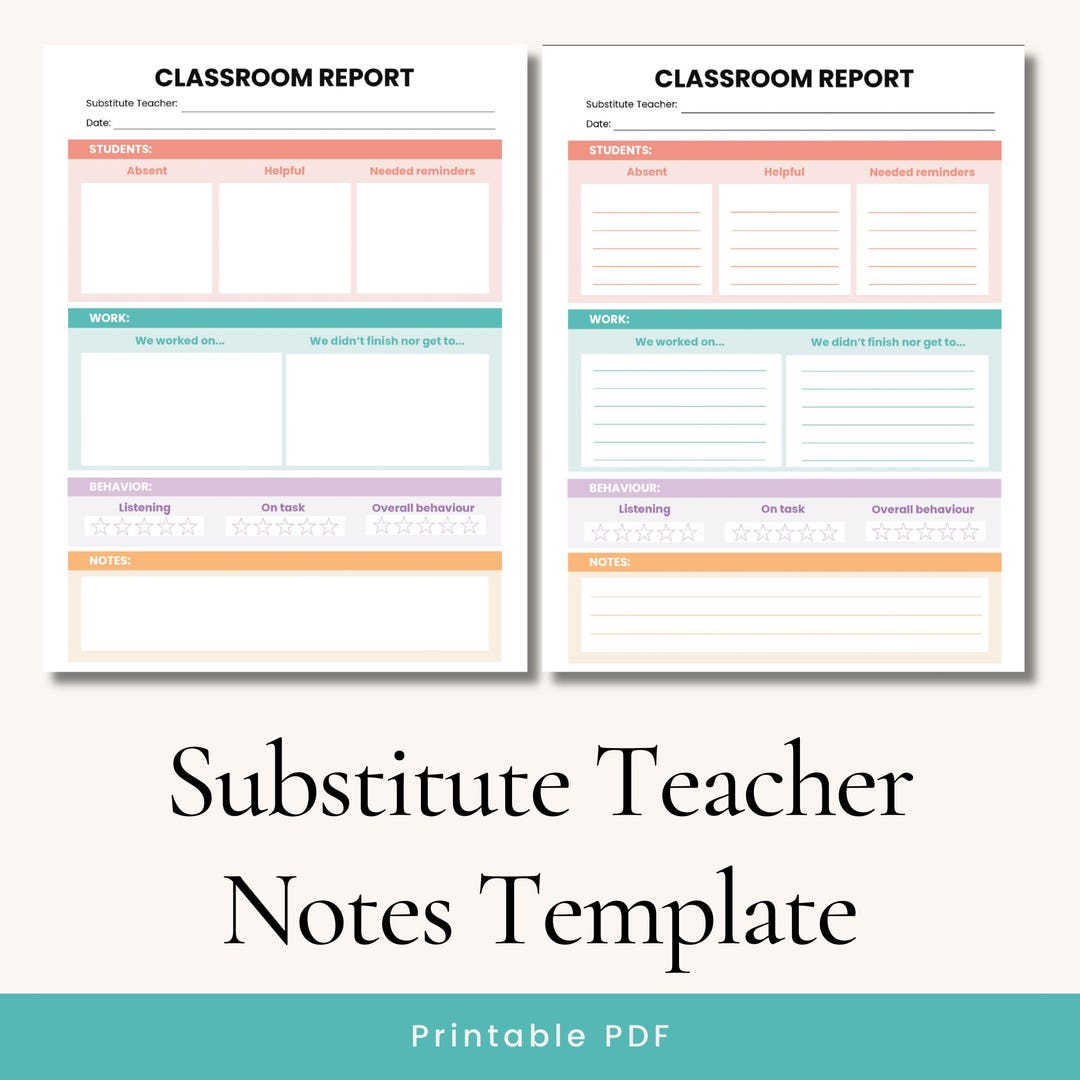 Substitute Teacher Notes Template: Printable Classroom Report (PDF) - Etsy