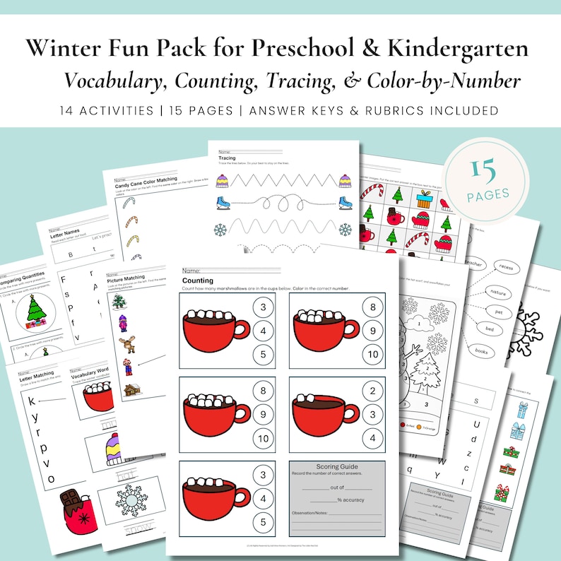 Winter Worksheet Packet (pre-k to Grade 1) | Math, Literacy & Fine ...