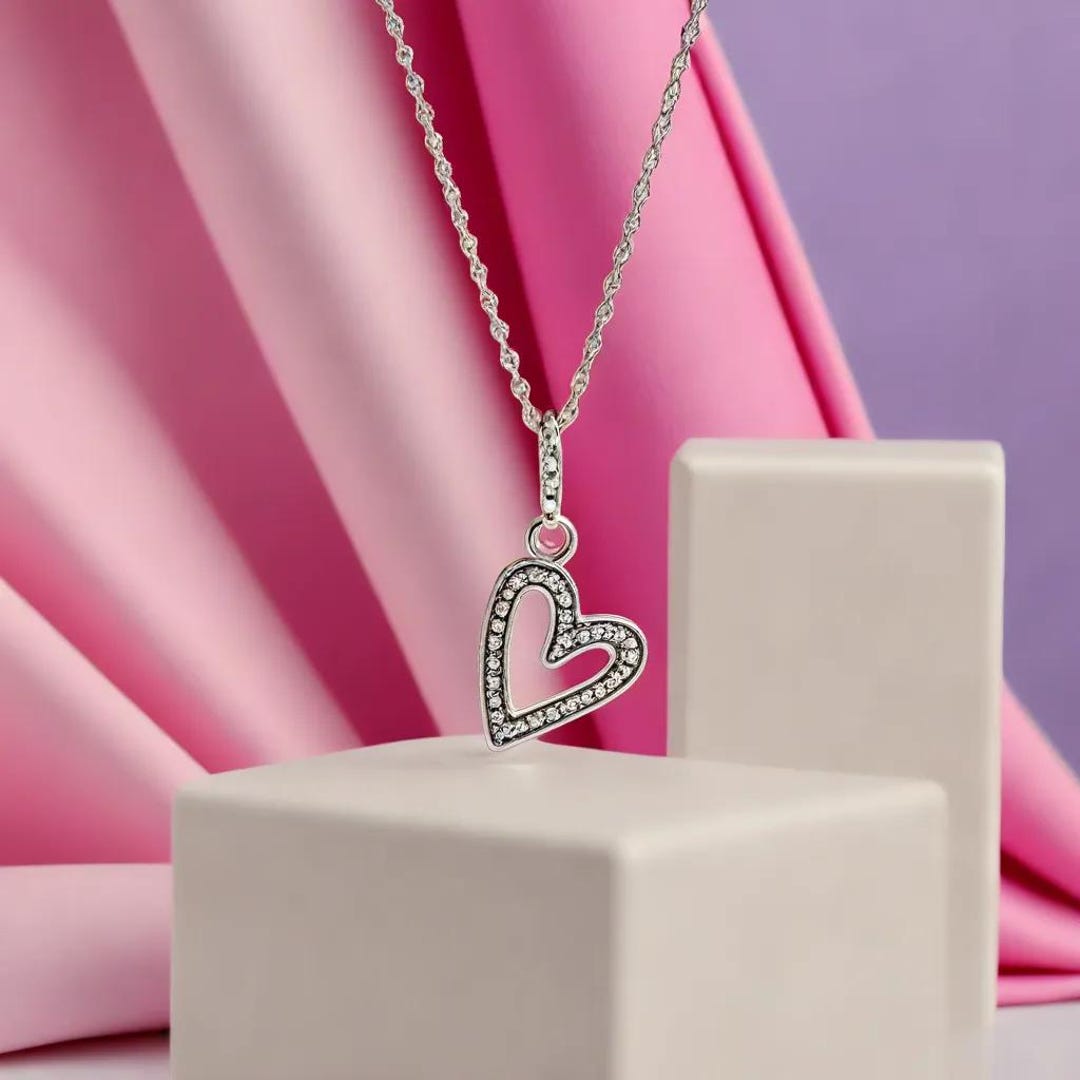 Freehand Heart Necklace Sparkling Heart Pendant 45cm Long Chain ...