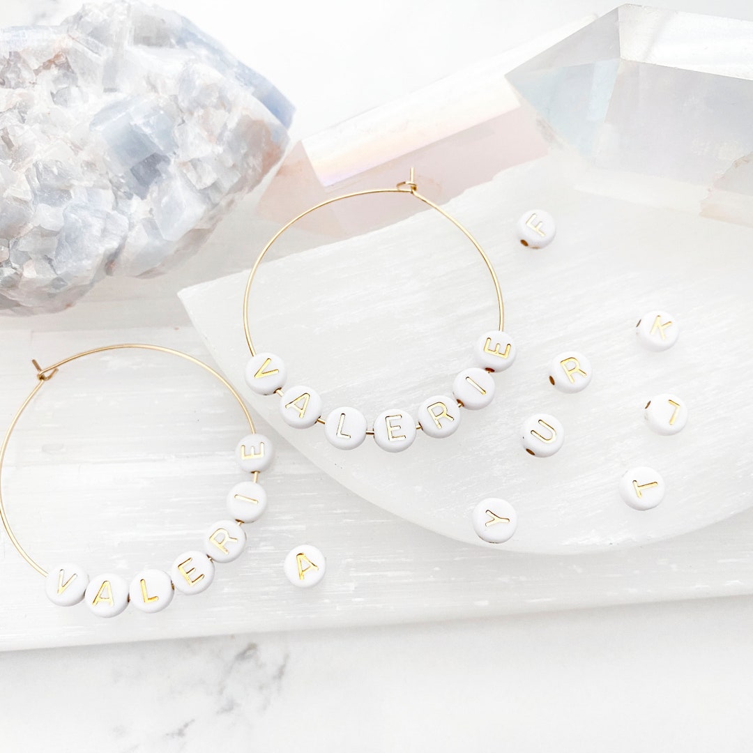 Custom Word or Name Earrings / Beaded Name Earrings / Gold Hoops / Gold ...