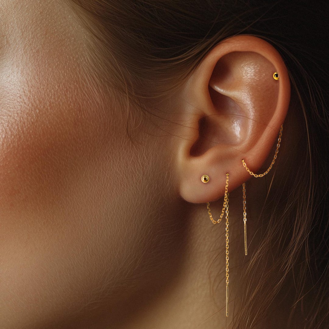 18K Gold Plated Ball Threader Earring: Sterling Silver Double Piercing ...