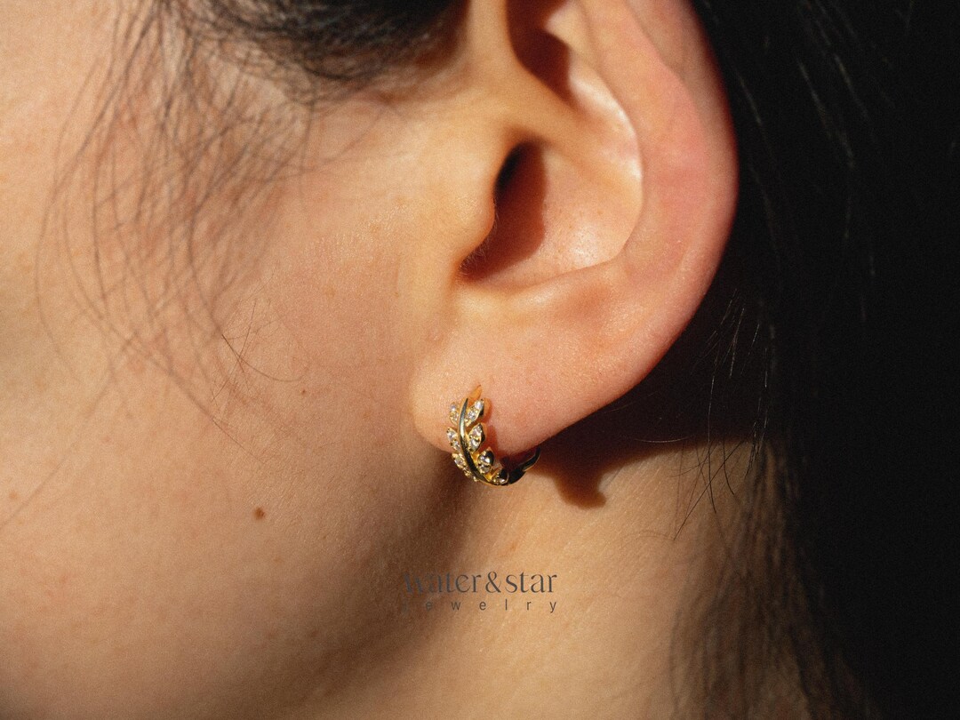 Leaf Huggies Hoop, 18K Gold Plated Diamond Huggies, Sterling Silver Non-tarnish Hoop Earrings ...
