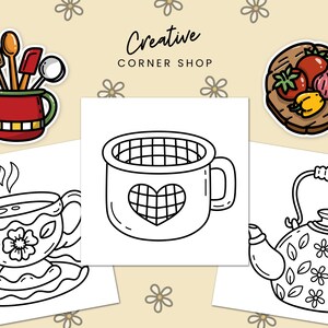 10 Cozy Kicthen Coloring Pages, Bold and Easy to Color, Set 1 - Etsy
