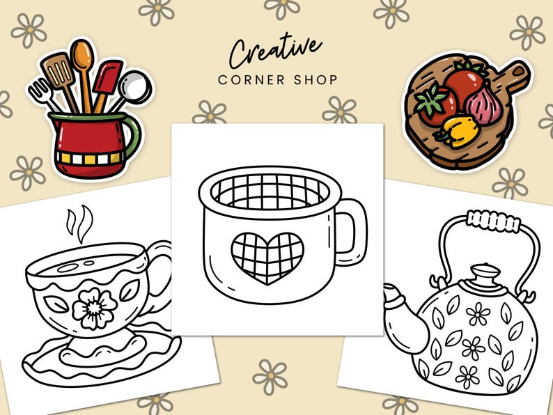 10 Cozy Kicthen Coloring Pages, Bold and Easy to Color, Set 1 - Etsy