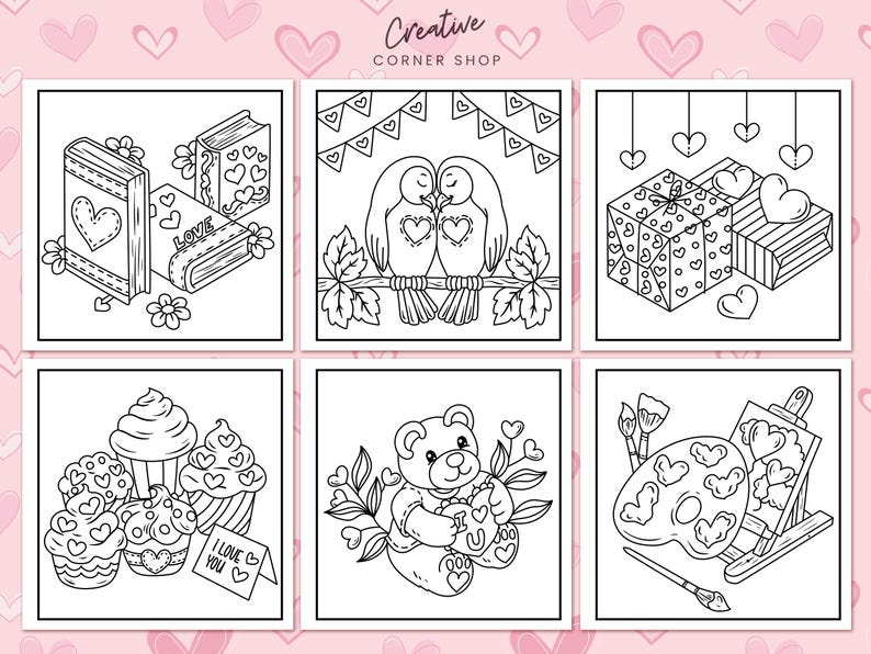 10 Cute Hearts Coloring Printable Pages_3 Part - Etsy