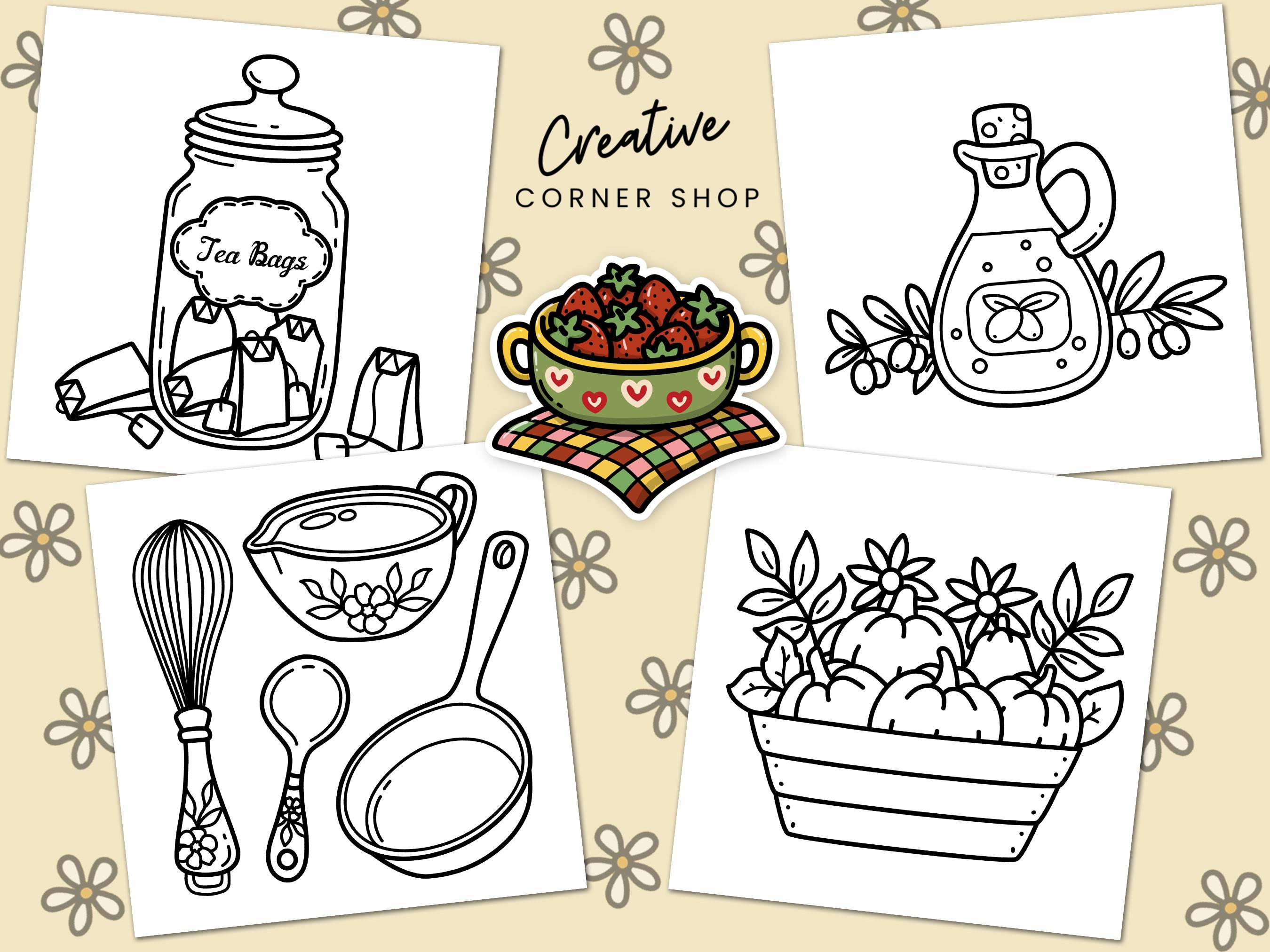10 Cozy Kicthen Coloring Pages, Bold and Easy to Color, Set 4 - Etsy