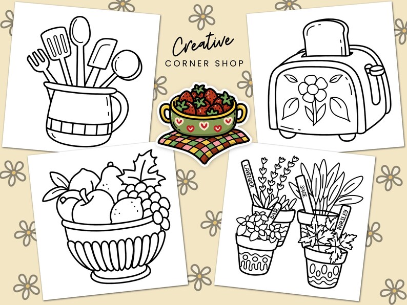 10 Cozy Kicthen Coloring Pages, Bold and Easy to Color, Set 2 - Etsy