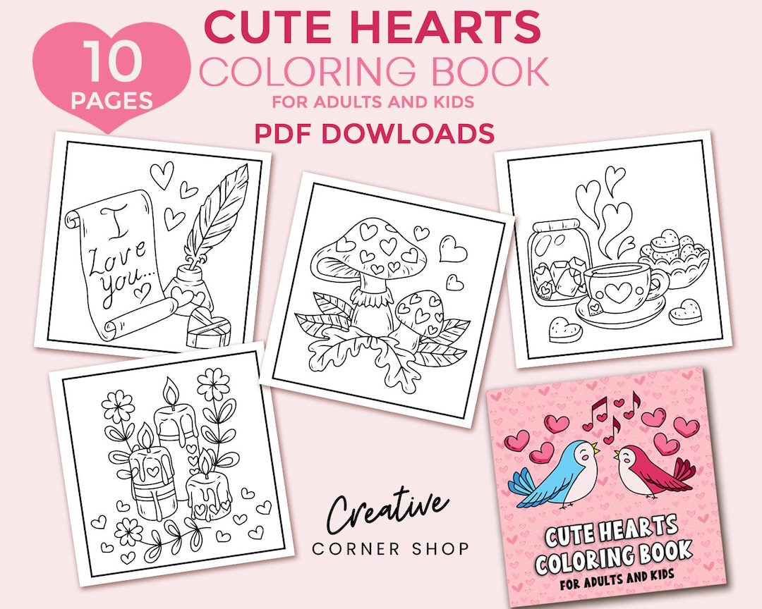 10 Cute Hearts Coloring Printable Pages_2 Part - Etsy