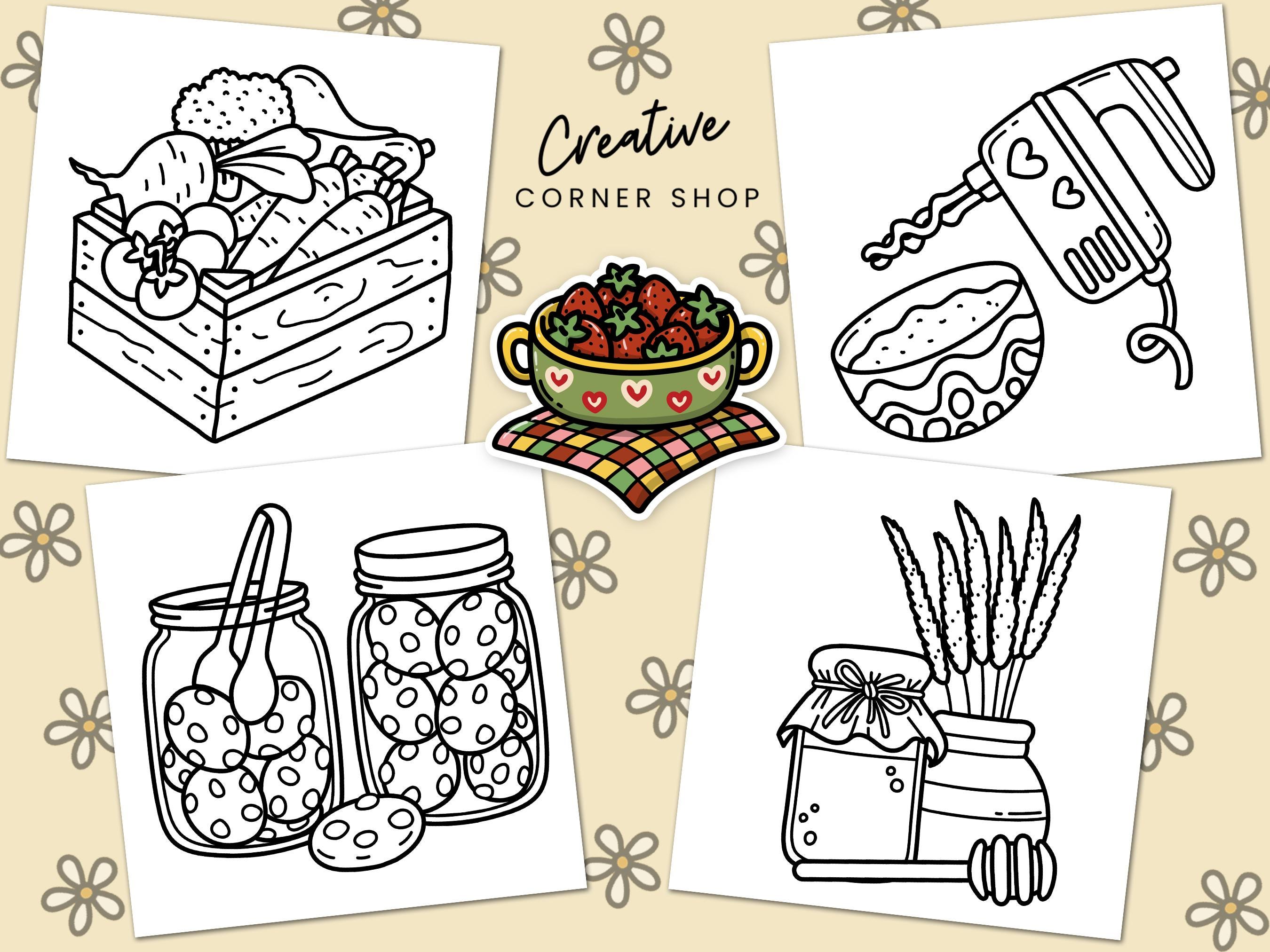 10 Cozy Kicthen Coloring Pages, Bold and Easy to Color, Set 3 - Etsy