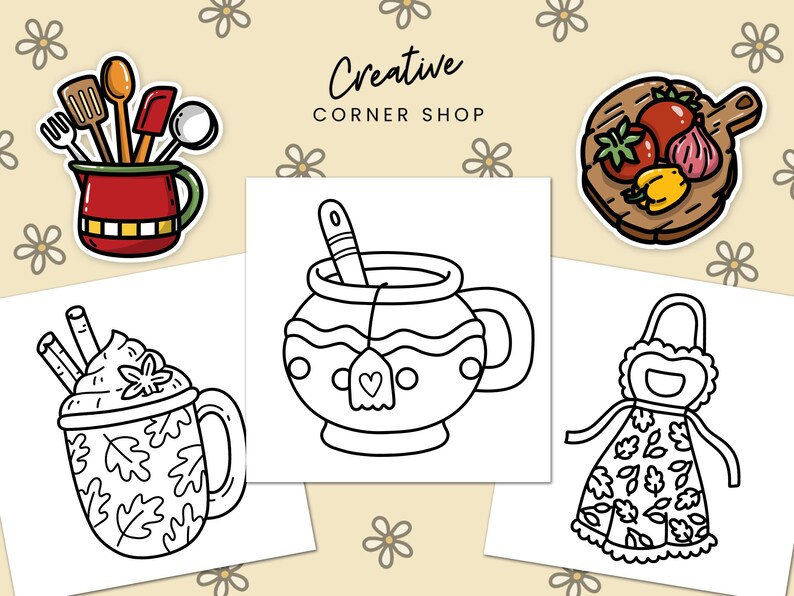 10 Cozy Kicthen Coloring Pages, Bold and Easy to Color, Set 2 - Etsy