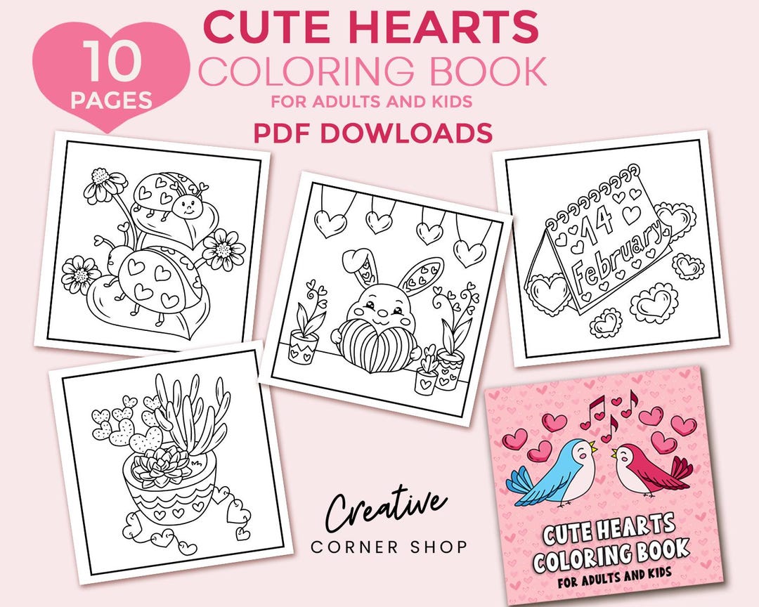 10 Cute Hearts Coloring Printable Pages_3 Part - Etsy