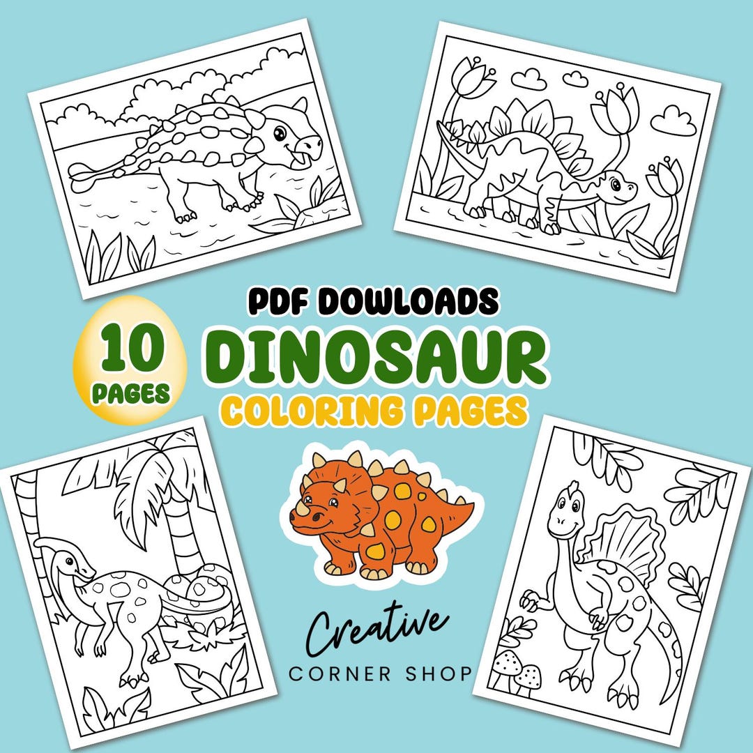 10 Cute Dinosaur Coloring Pages, Coloring Book for Kids, Activity Pages ...