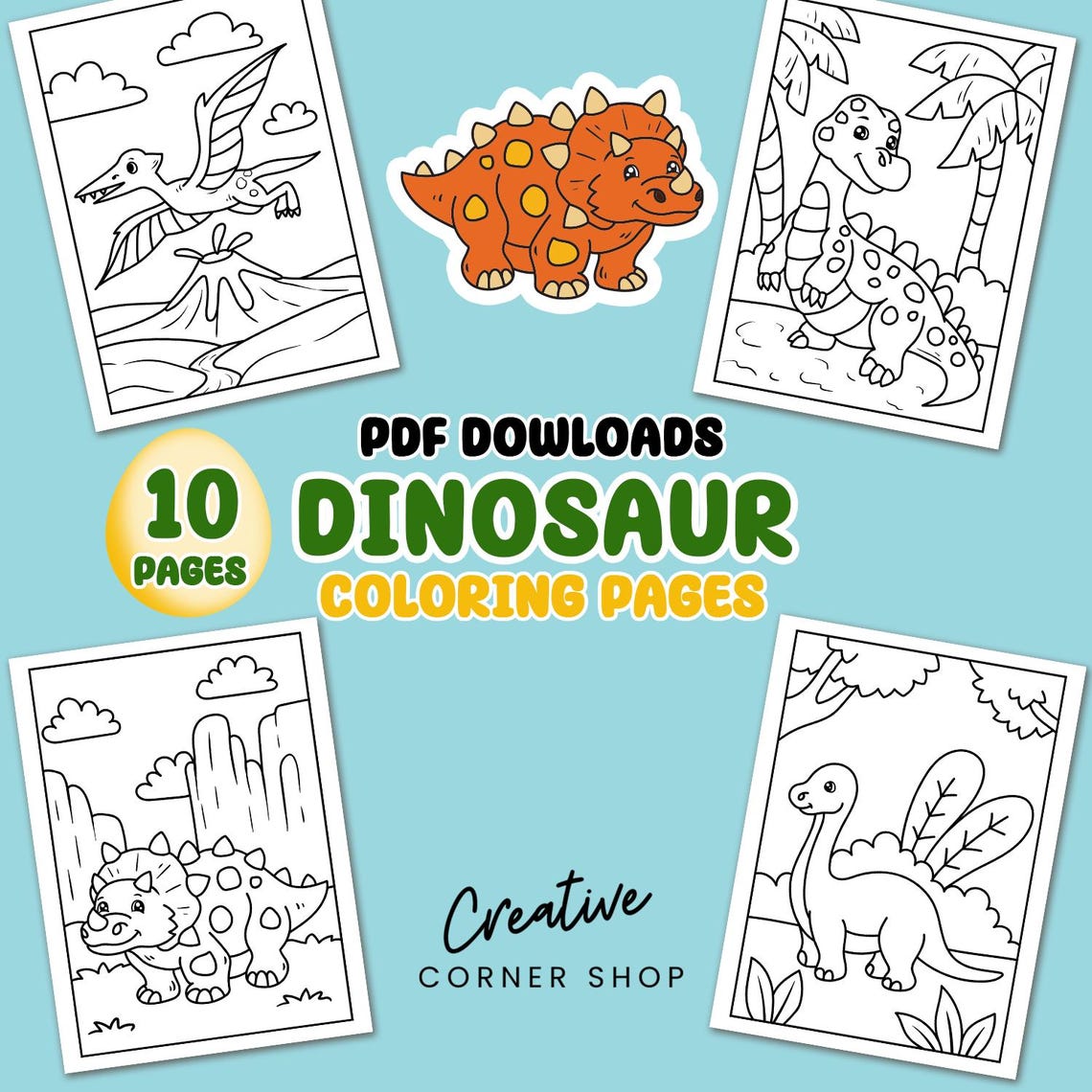 10 Cute Dinosaur Coloring Pages, Coloring Book for Kids, Activity Pages ...