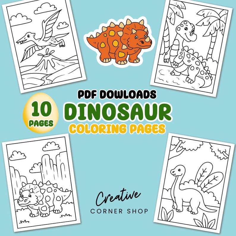 10 Cute Dinosaur Coloring Pages, Coloring Book for Kids, Activity Pages ...