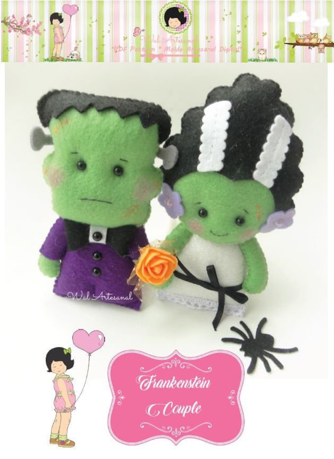 Duos - Frankenstein Couple - PDF Pattern - Set Halloween Pockets! Felt ...