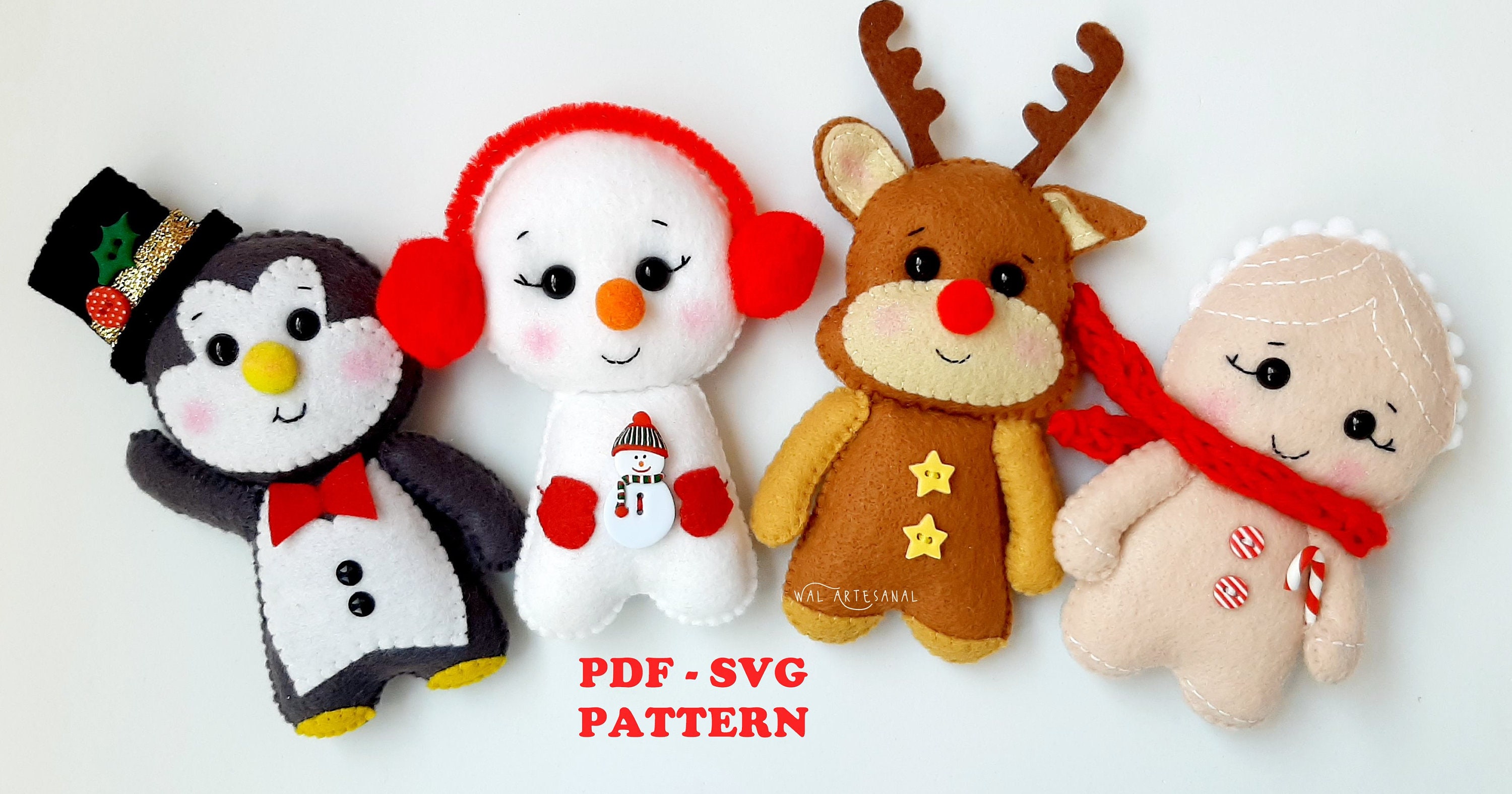 Penguin Reindeer Snowman Gingerbread Set of 4 Felt Pattern PDF | Etsy