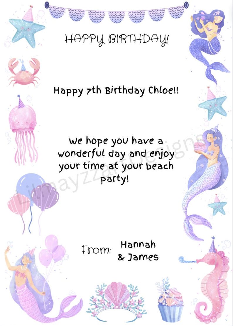 Kids Mermaid Themed Happy Birthday Letter Templates 5 Different Colours ...
