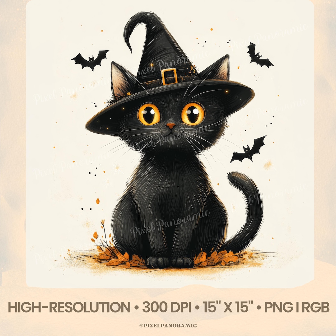 Smiling Black Cat Witch Hat Clipart: Halloween PNG (digital Download ...