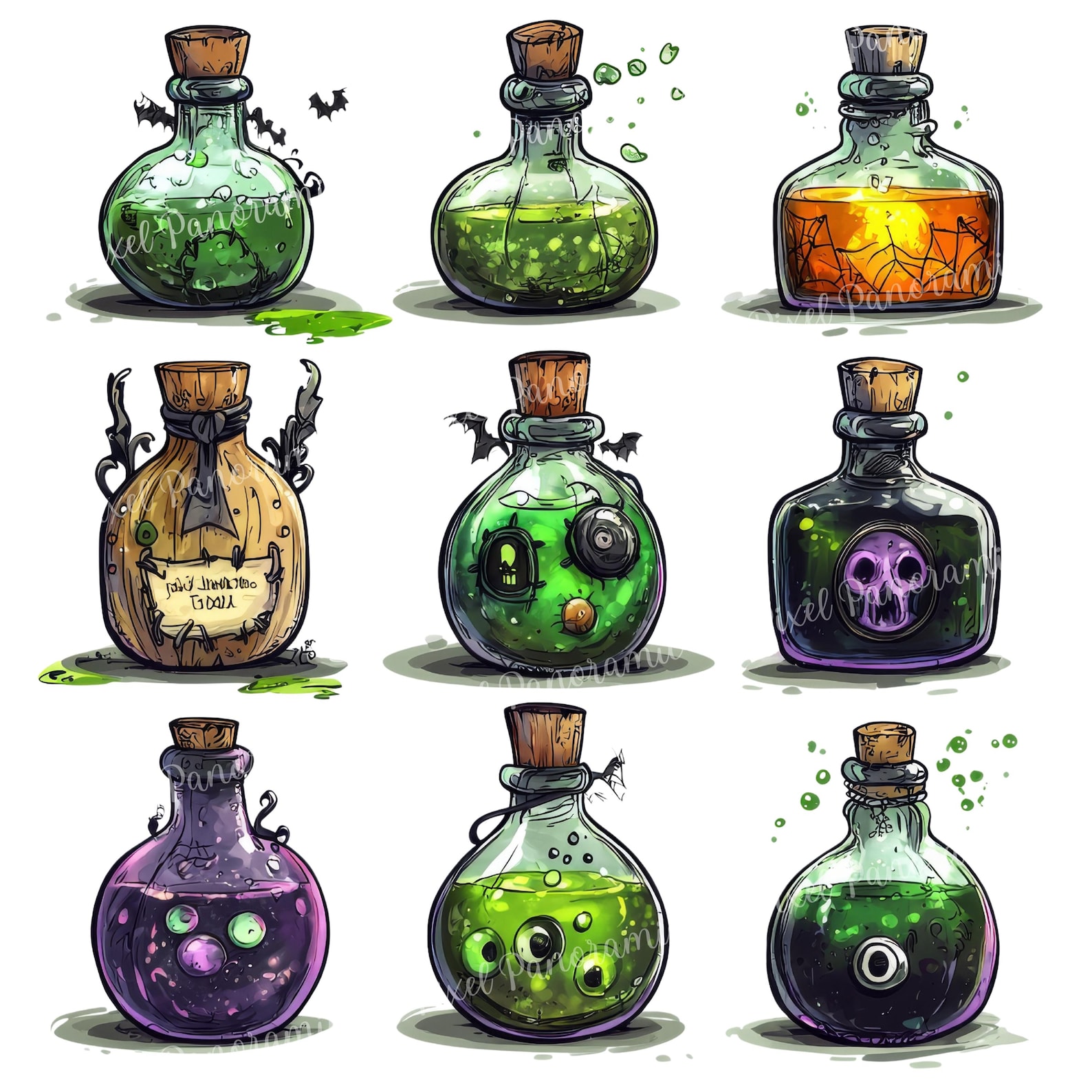 Halloween Magic Potion Bottles Clipart Set 18 Transparent Backgrounds ...