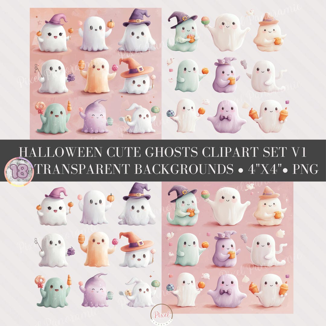 Halloween Cute Ghosts Clipart Set V1| 18 Transparent Backgrounds | Cute ...