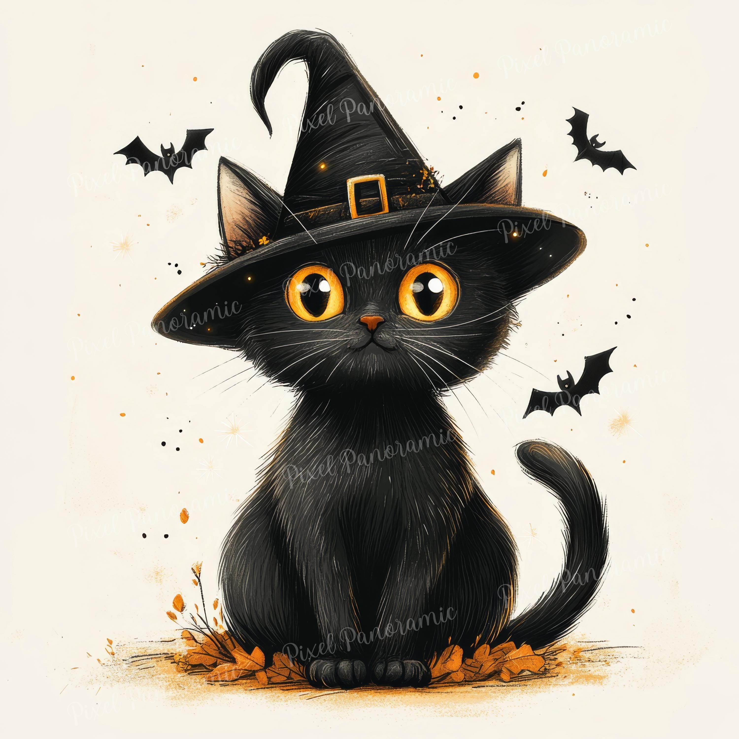 Smiling Black Cat Witch Hat Clipart: Halloween PNG (digital Download ...