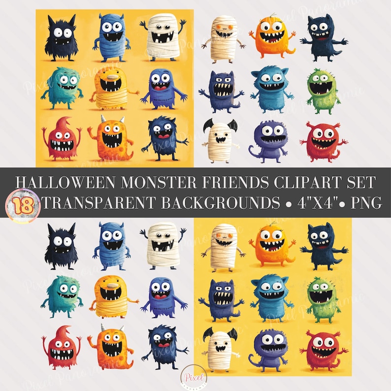 Halloween Monster Friends Clipart Set 18 Transparent Backgrounds Cute ...