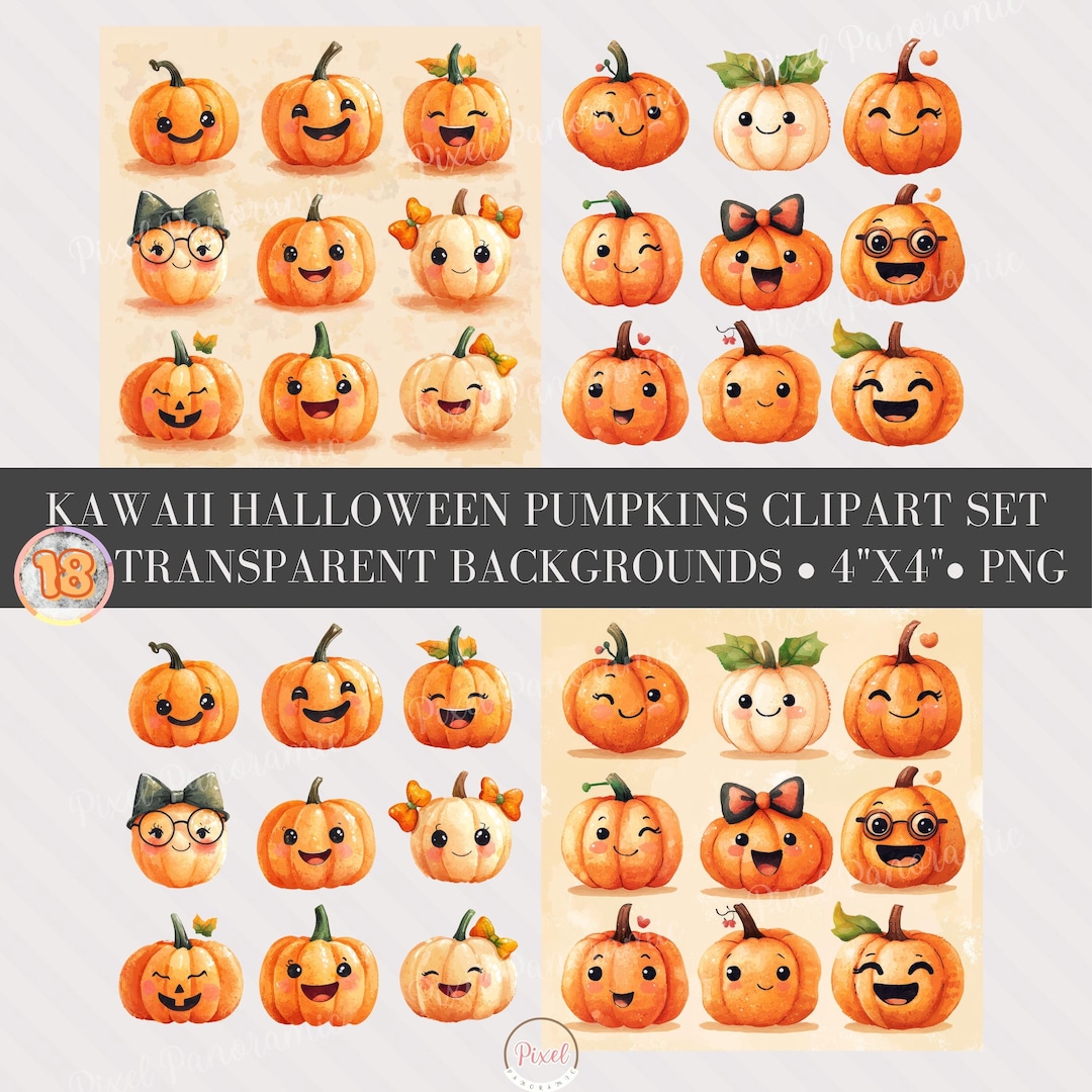 Kawaii Halloween Pumpkins Clipart Set| 18 Transparent Backgrounds ...