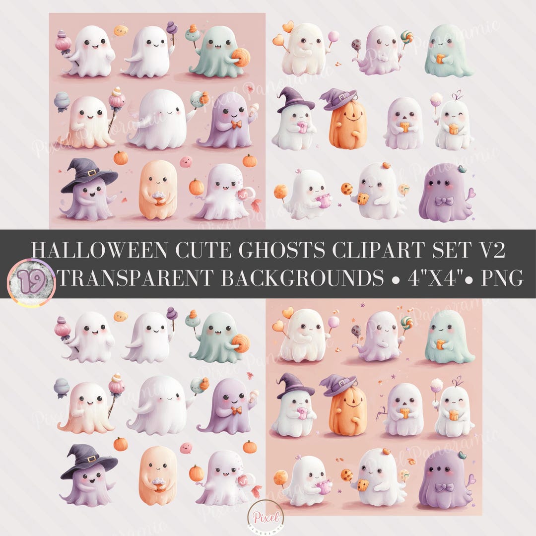 Halloween Cute Ghosts Clipart Set V2| 19 Transparent Backgrounds | Cute ...