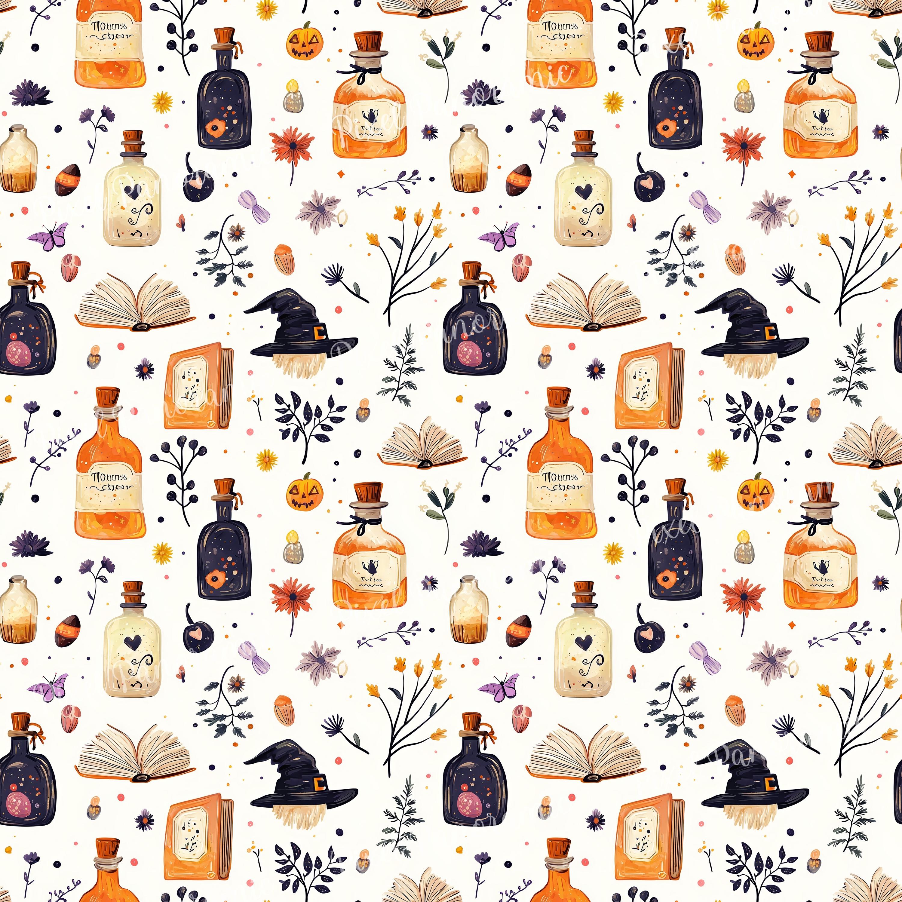 Witches' Apothecary Halloween Seamless Pattern | Vintage Potion Bottle ...