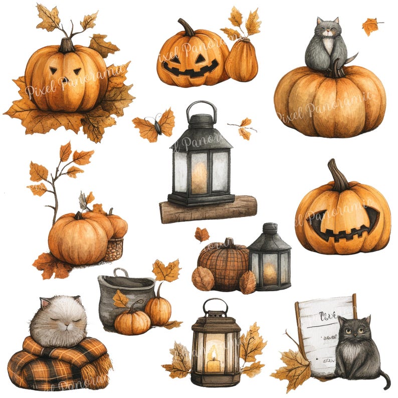 Cozy Halloween Farmhouse Clipart Set V1: Rustic Fall Pngs (digital ...