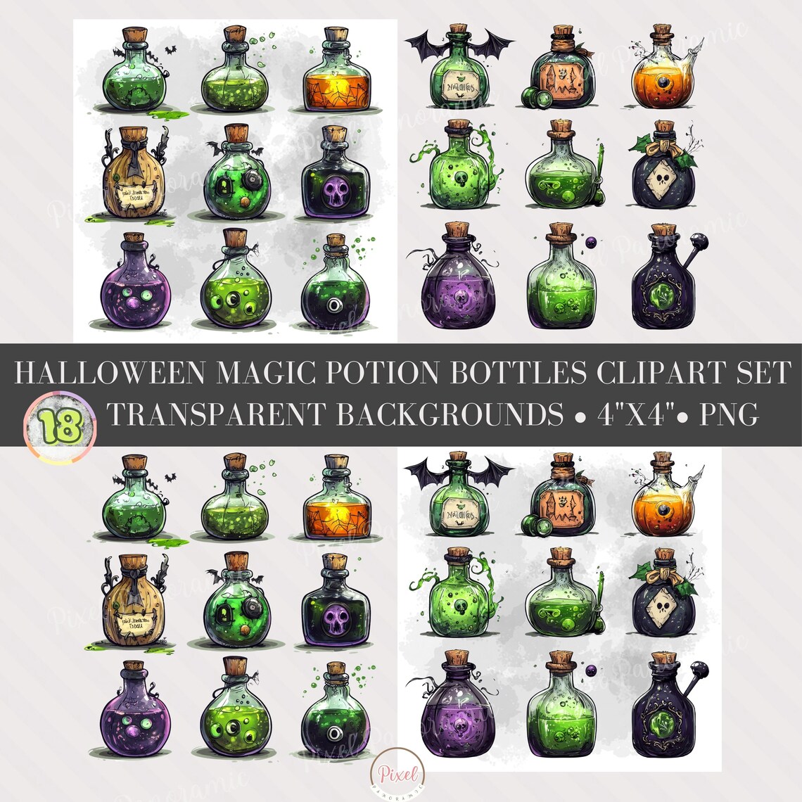 Halloween Magic Potion Bottles Clipart Set 18 Transparent Backgrounds ...