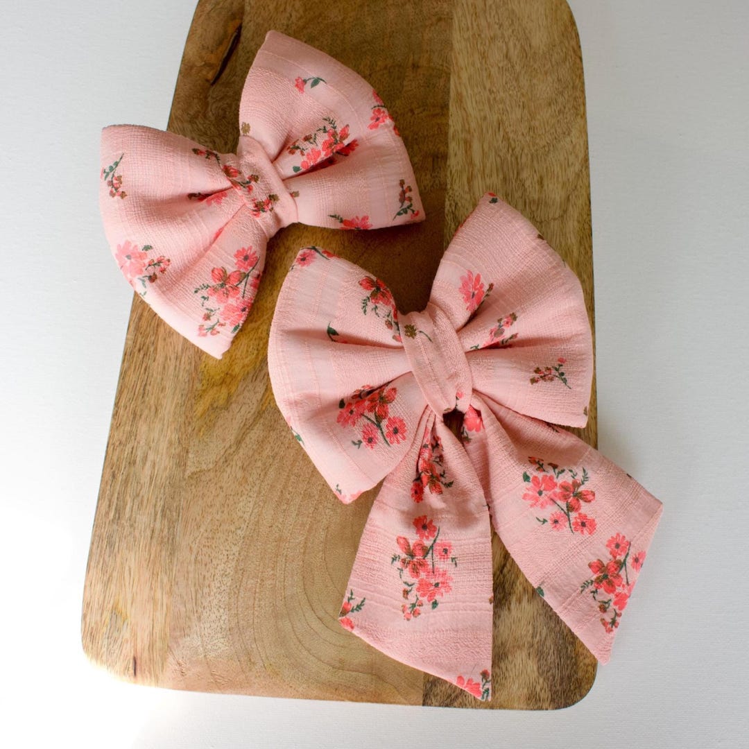 Floral Peach Pink Dog Sailor Bow & Bow Tie, Flower Dog Bow, Girl Dog ...