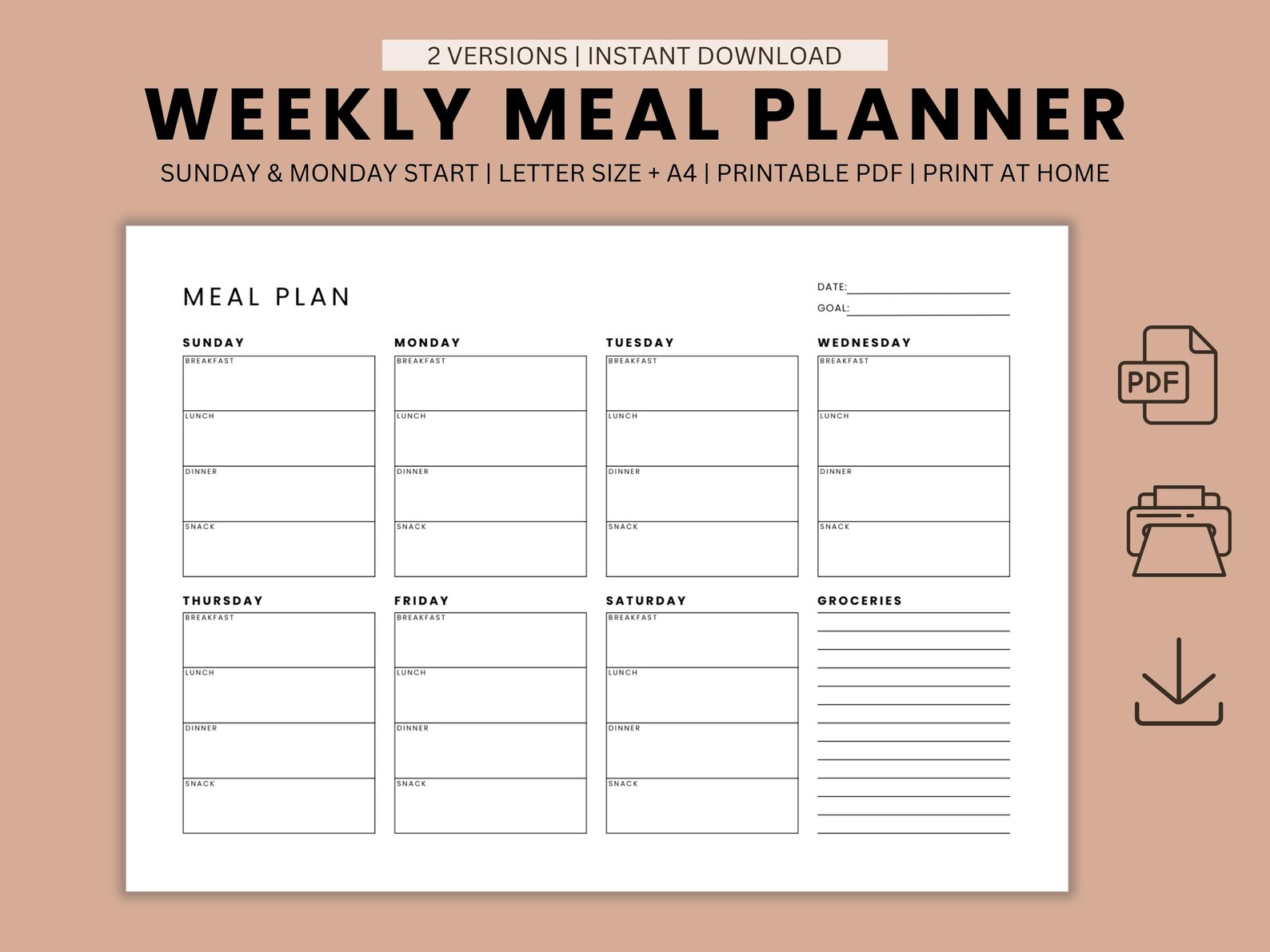 Printable Weekly Meal Planner Landscape Meal Plan Template Meal Tracker ...