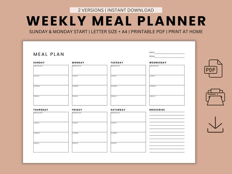 Printable Weekly Meal Planner Landscape Meal Plan Template Meal Tracker ...