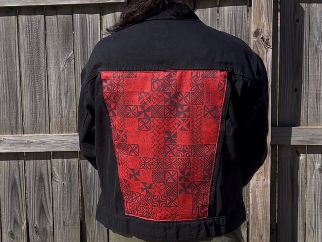 XL Black Denim Jacket W/red Kapa Design - Etsy