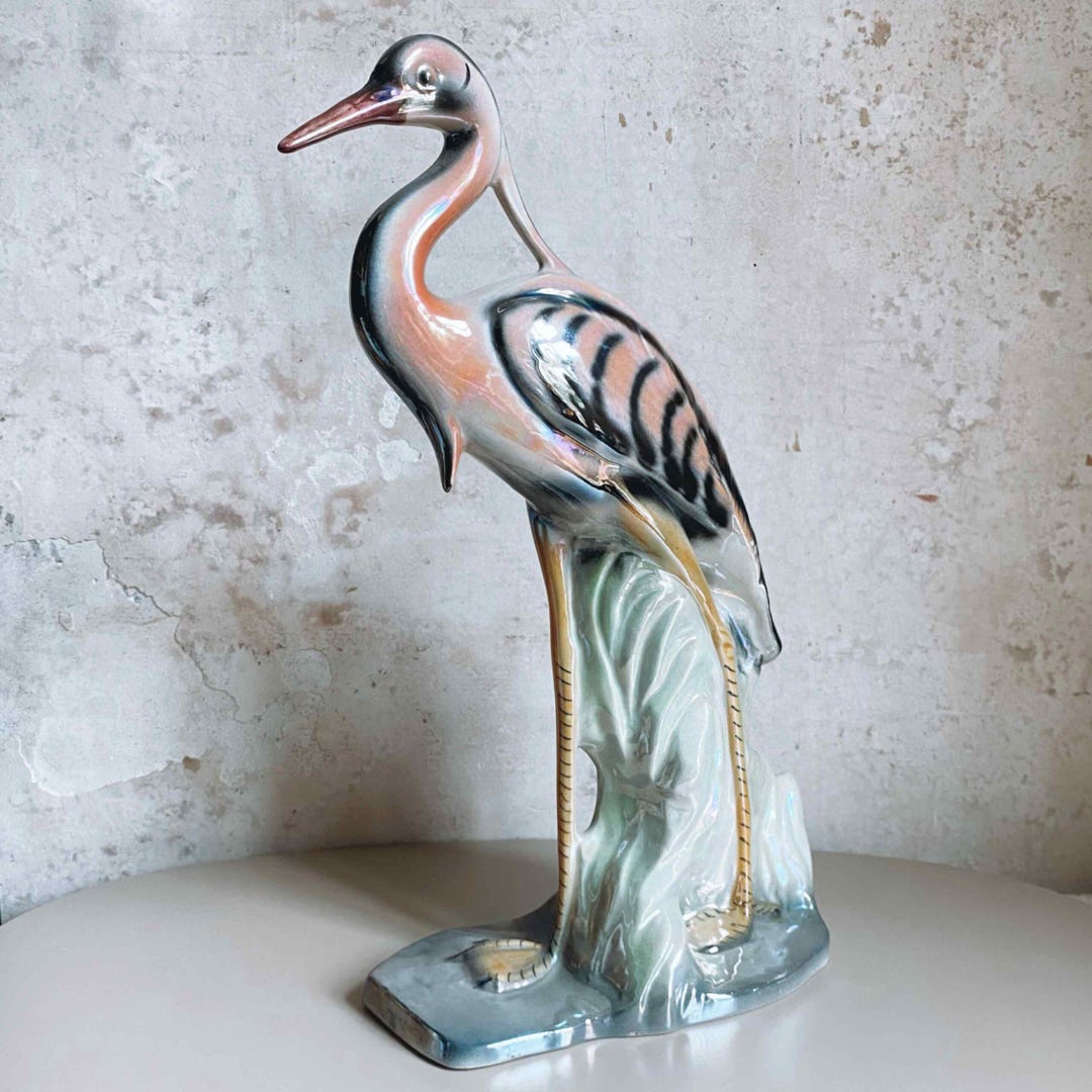 Vintage Heron Statue With Mother of Pearl Glaze, Statue 1960, Ceramic ...