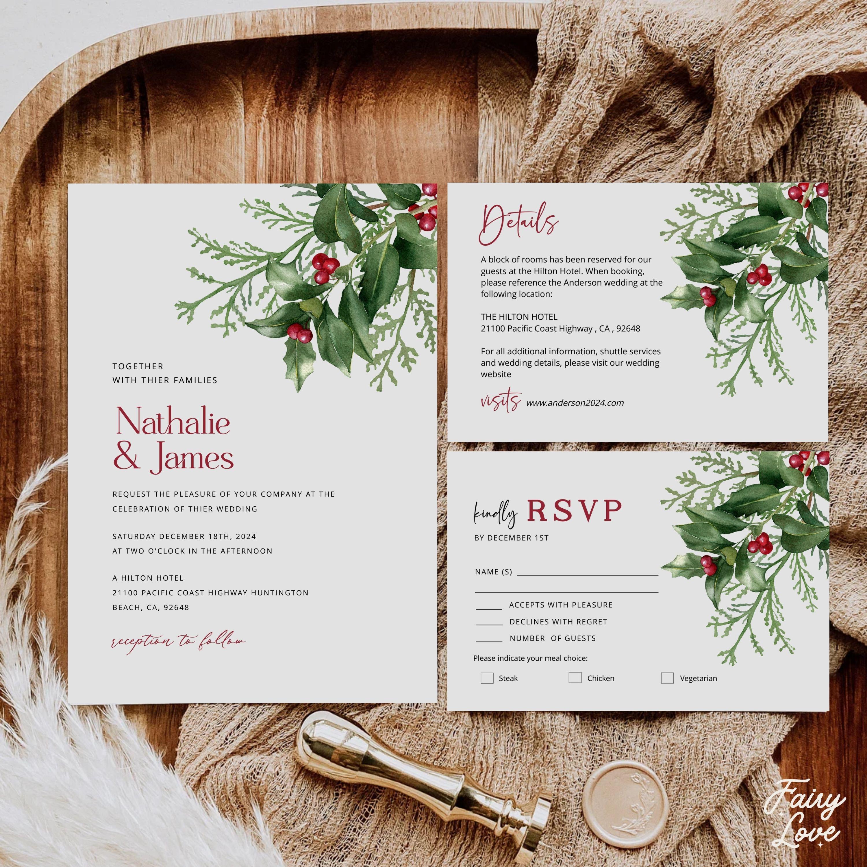 Christmas Wedding Invitation Template, Editable Wedding Invitation ...