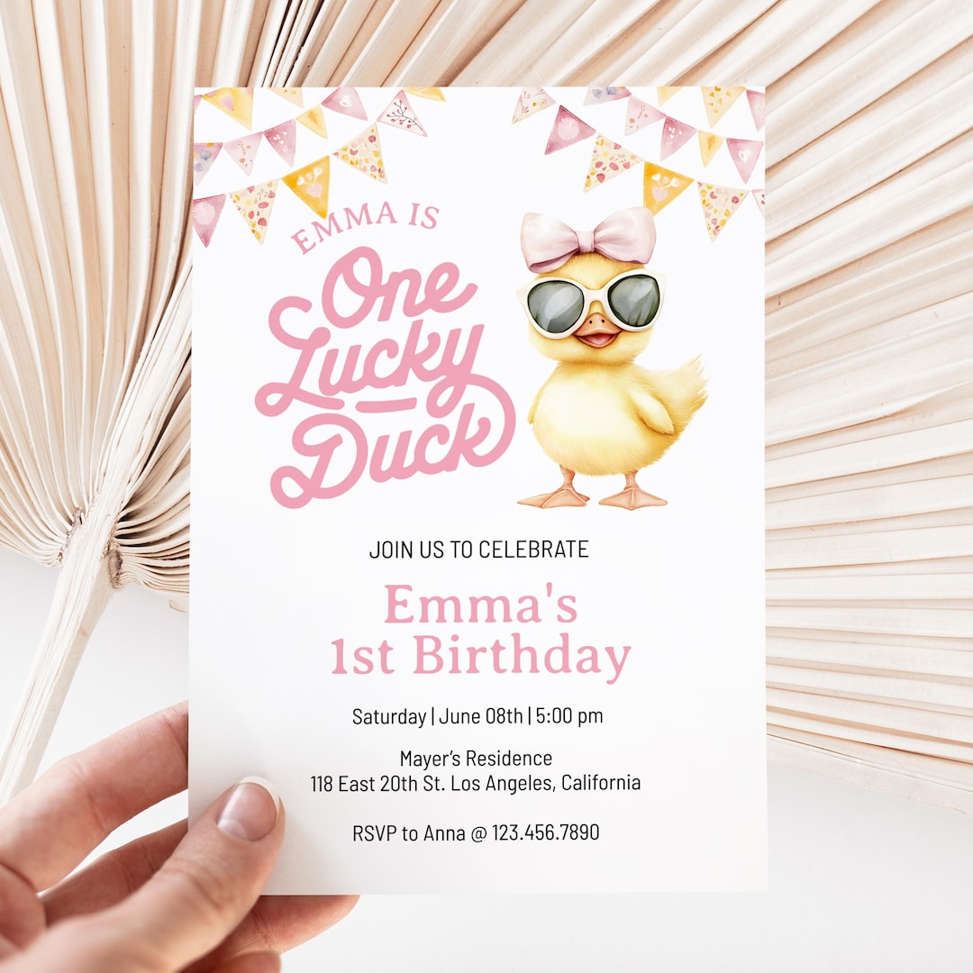 Editable One Lucky Duck Birthday Invitation, Cute Yellow Duck First ...