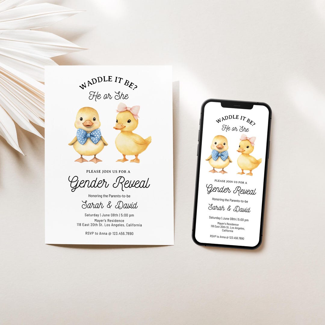 Editable Gender Reveal Duck Baby Shower Invitation, Yellow Duckling ...