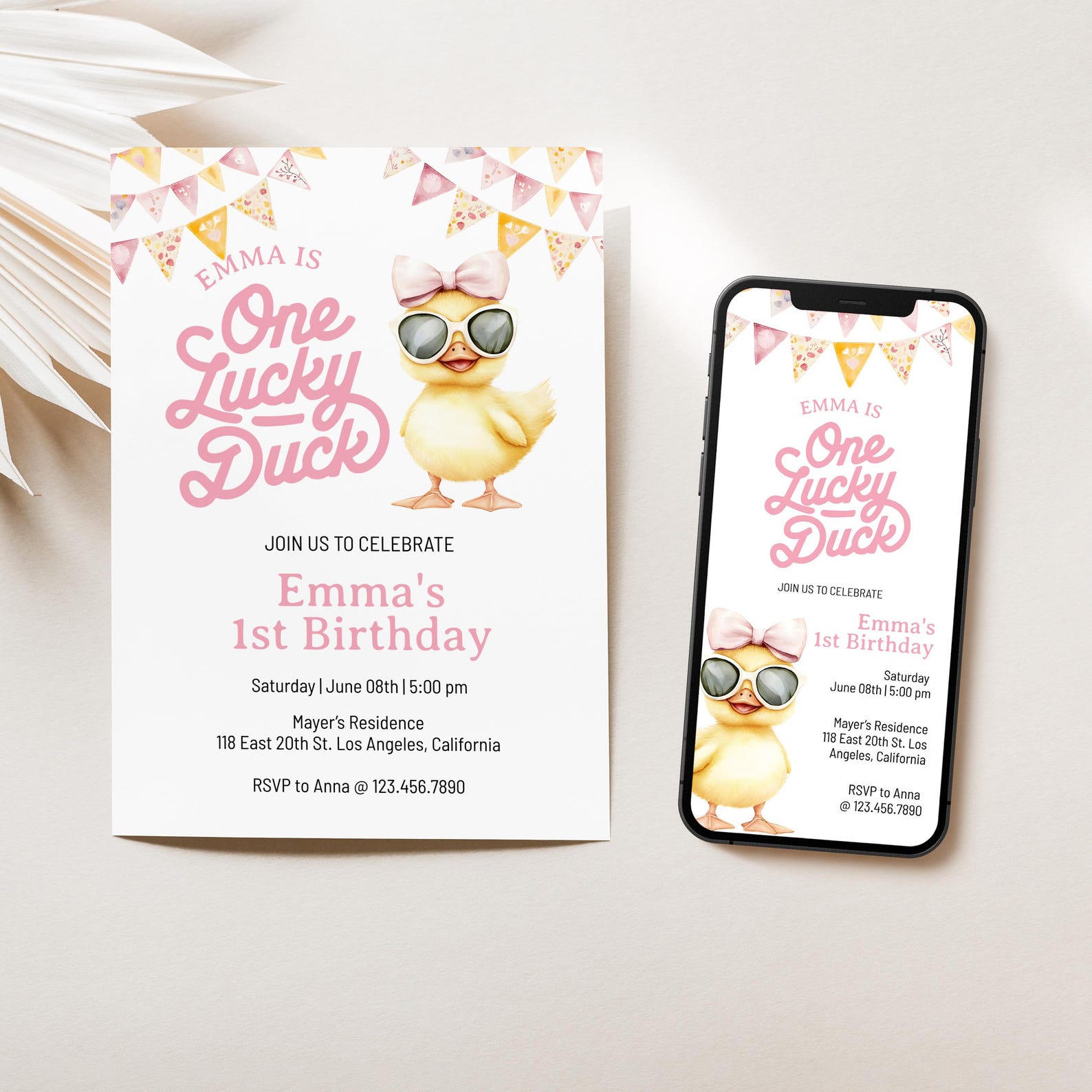Editable One Lucky Duck Birthday Invitation, Cute Yellow Duck First ...