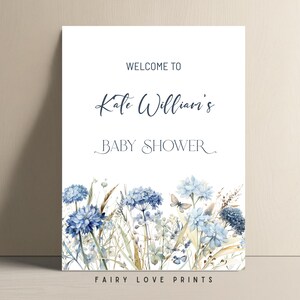 Editable Dusty Blue Baby Shower Welcome Sign Template, Blue Flower Baby ...