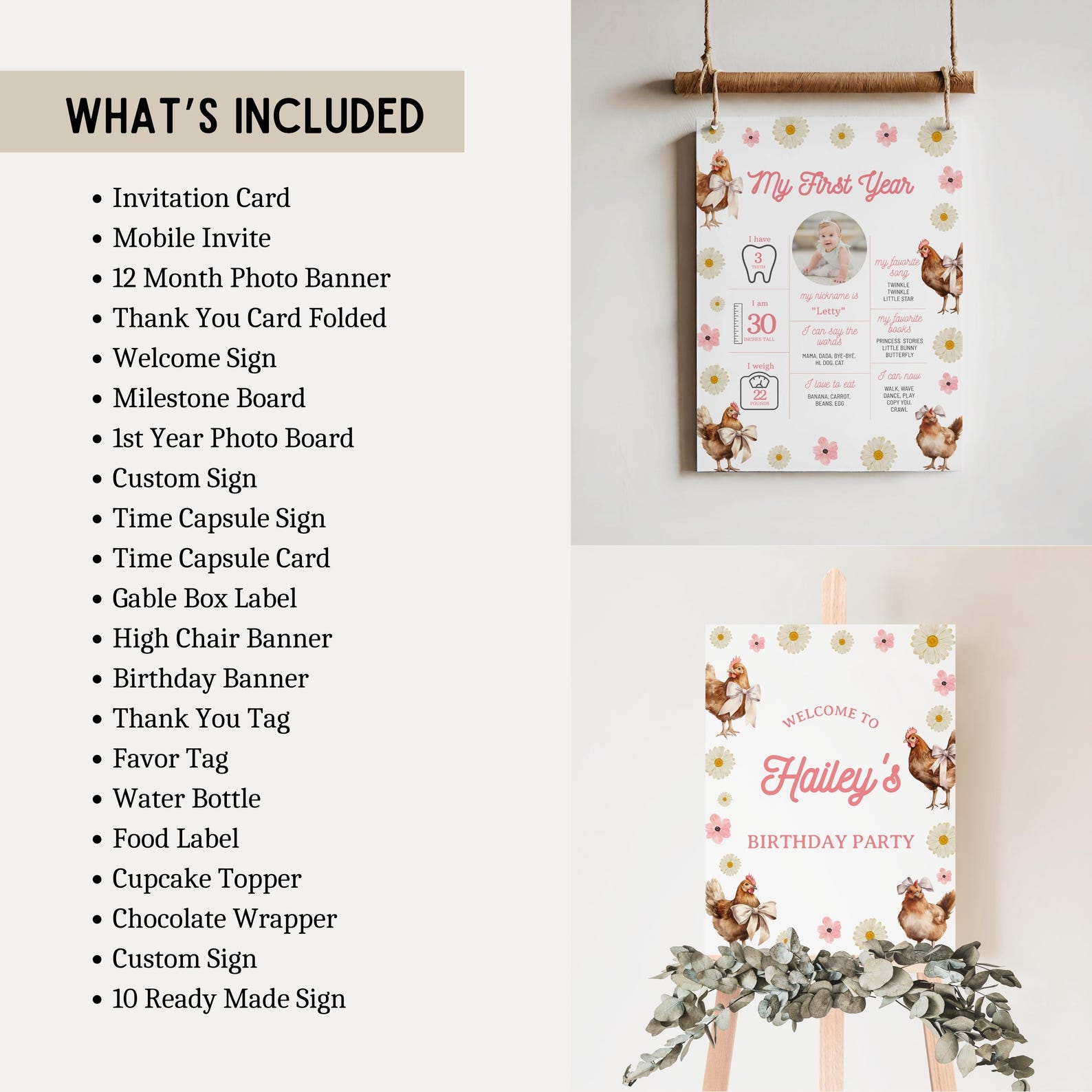 Editable Chicken Birthday Bundle, First Chicken Floral Birthday Theme ...