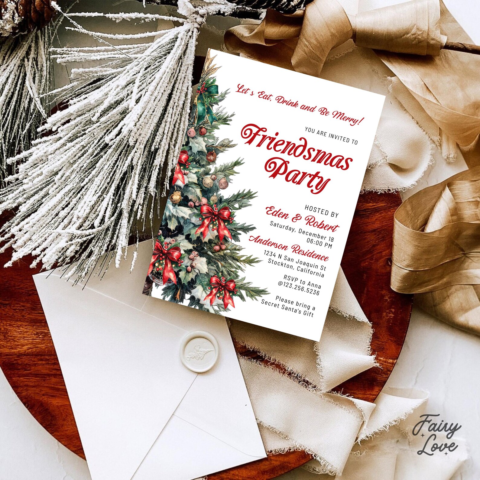 Editable Friendmas Party Invitation Template, Christmas Bow Invitation ...