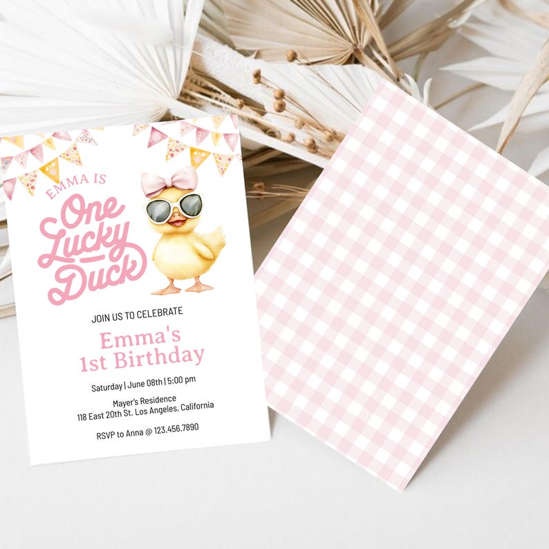 Editable One Lucky Duck Birthday Invitation, Cute Yellow Duck First ...
