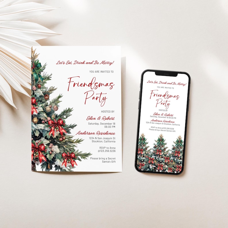 Editable Friendmas Party Invitation, Christmas Tree Holiday Invite ...