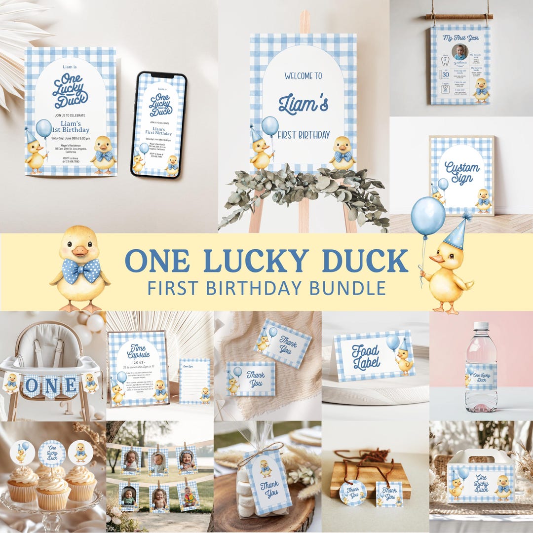 Editable One Lucky Duck Birthday Bundle, Yellow Duck First Birthday Set ...