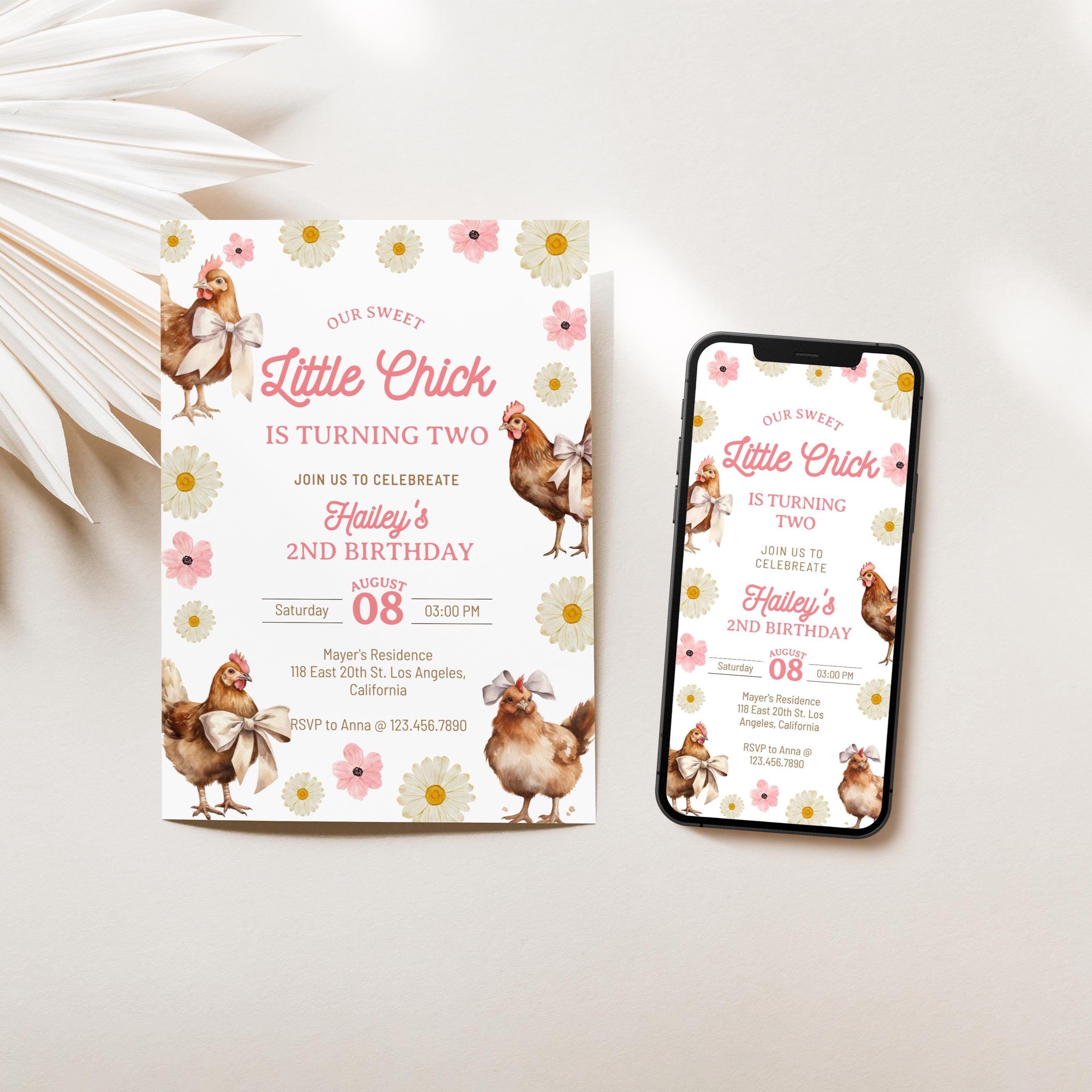 Editable Chicken Birthday Invitation, Two Cute Chick Pink Farm Animal ...