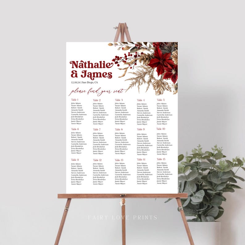 Editable Christmas Seating Chart Poster, Holiday Wedding Seating Chart ...