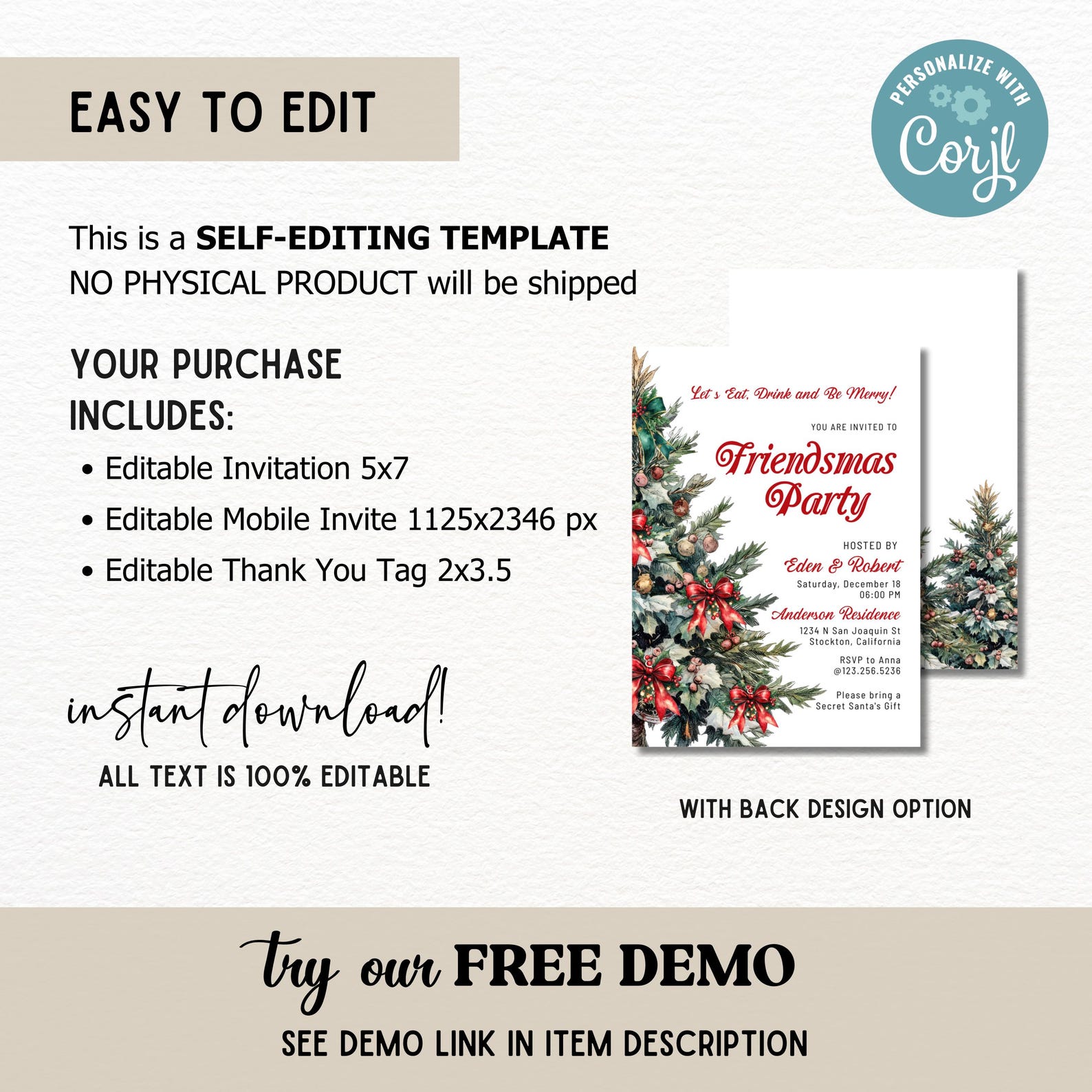 Editable Friendmas Party Invitation Template, Christmas Bow Invitation ...