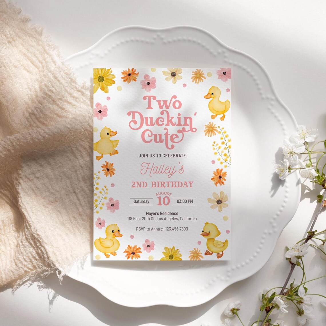 Editable Yellow Duck Birthday Invitation, Two Duckin Cute Yellow Duck ...